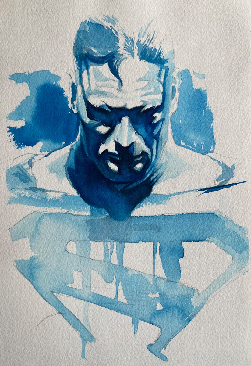 Ito Original Art Superman Blue Watercolour Illustration – Kirby's Comic Art